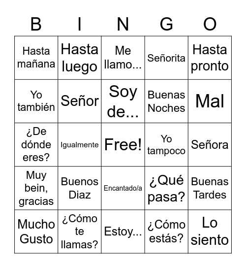 Spanish Greetings/Introductions Bingo Card