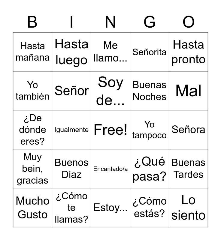 Spanish Greetings/Introductions Bingo Card