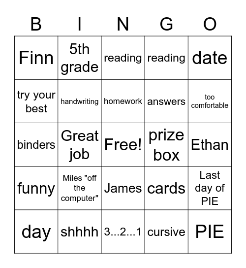 6th grade Bingo Card