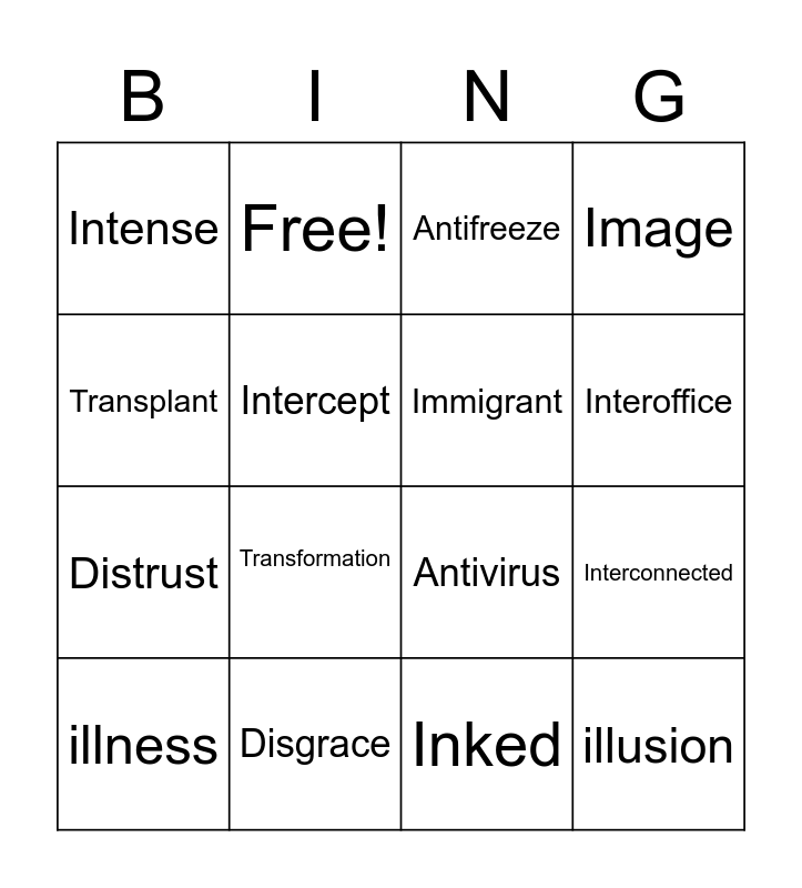 Prefix Bingo Card