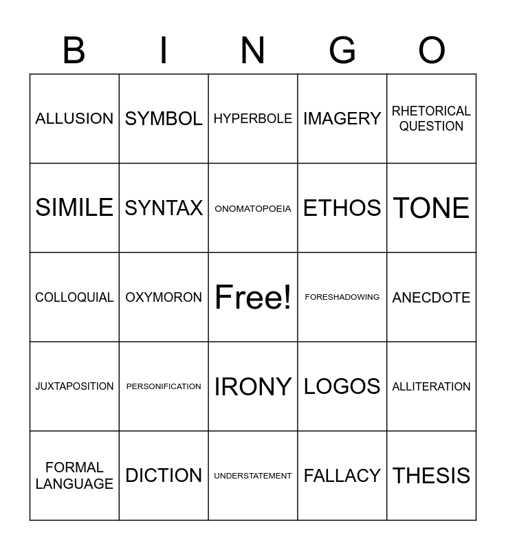 Rhetorical Devices Bingo Card Rhetorical Devices Bingo Card