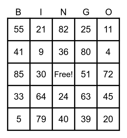 Number Bingo 1-100 Bingo Card