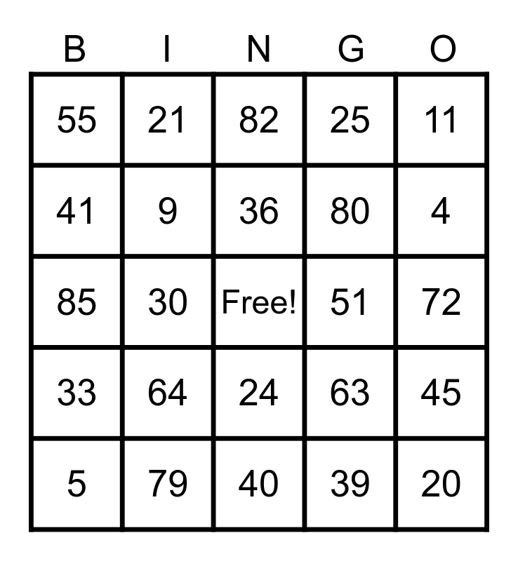 Number Bingo 1-100 Bingo Card