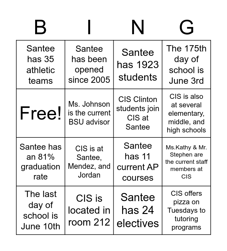 CISLA Santee EC Bingo Card
