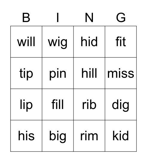 short i Bingo Card