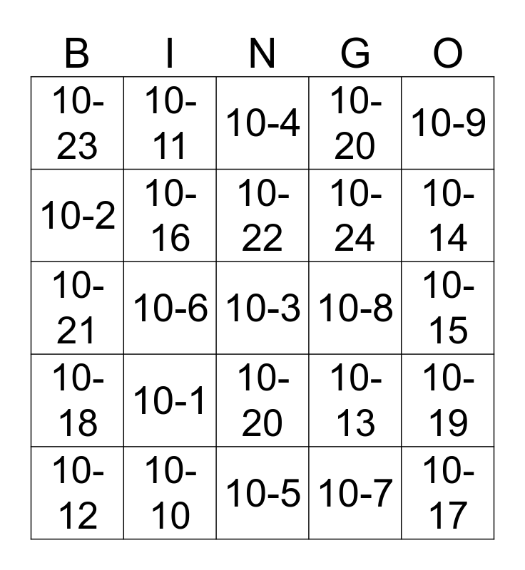 TEN CODE B-I-N-G-O Bingo Card