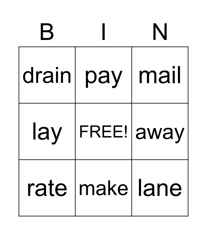 Long A Bingo Card