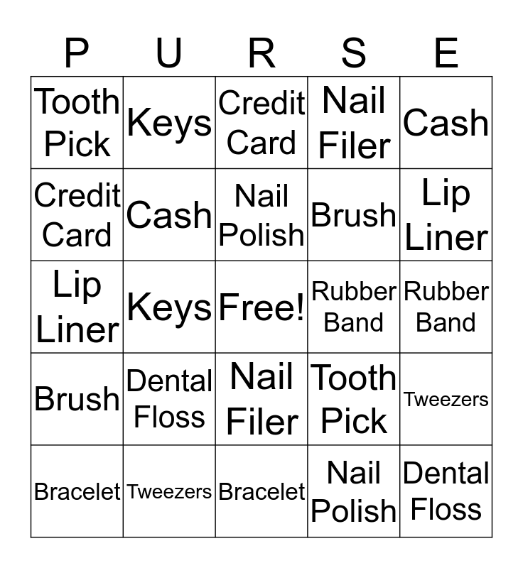 What is in your PURSE? Bingo Card