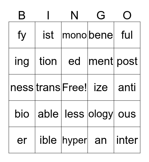 SUFFIX & PREFIX BINGO Card