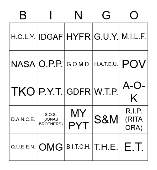 ACRONYM Bingo Card