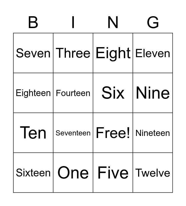 Bingo Number 1-20 Bingo Card