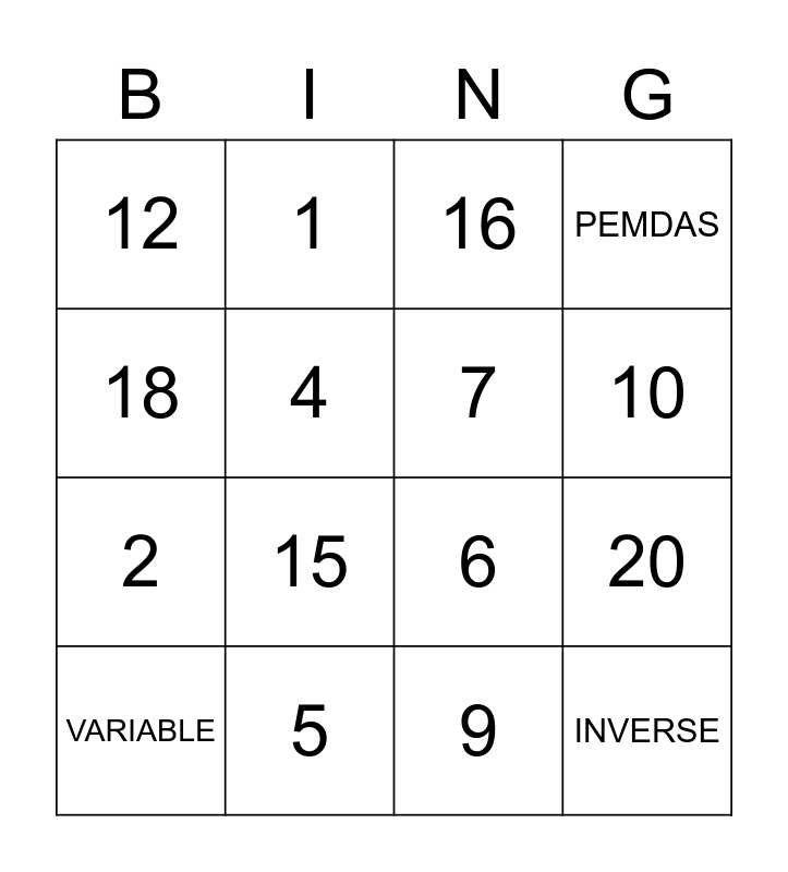 2 Step Equation Bingo Card