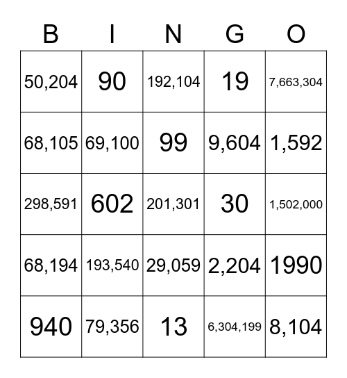 BIG Numbers Bingo Card
