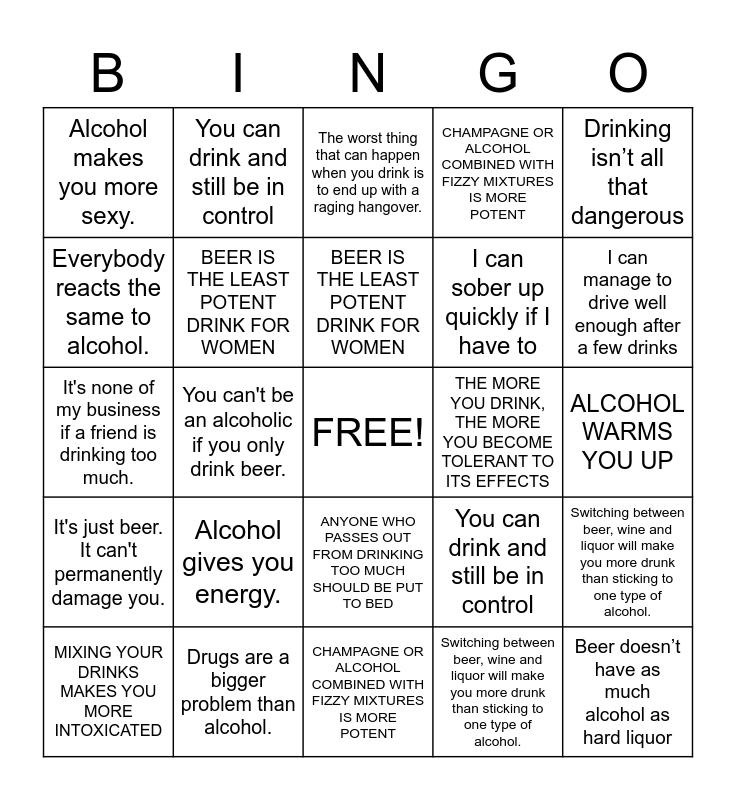 Alcohol Bingo Card