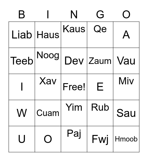 Hmong Bingo Card