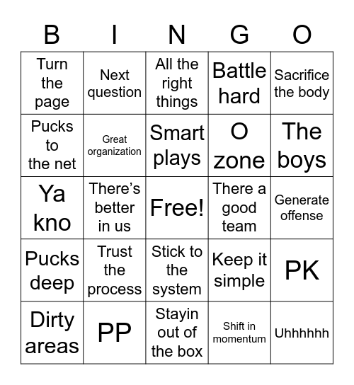 Post Game Interview Bingo Card