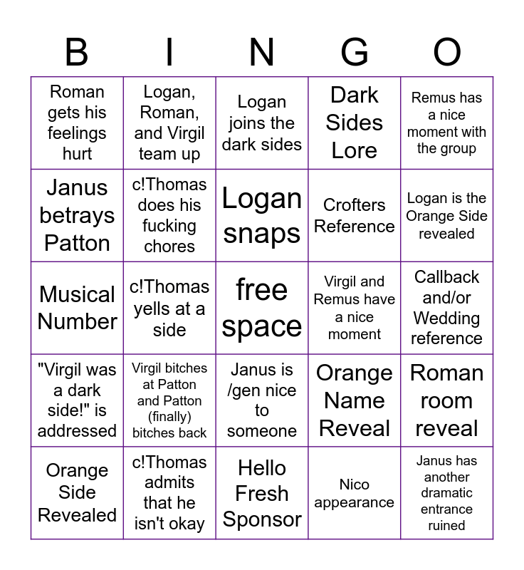 Sanders Sides Season 2 Finale Bingo Card