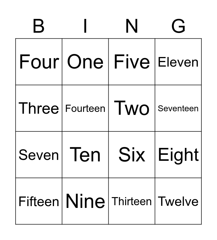 Numbers 1 Bingo Card