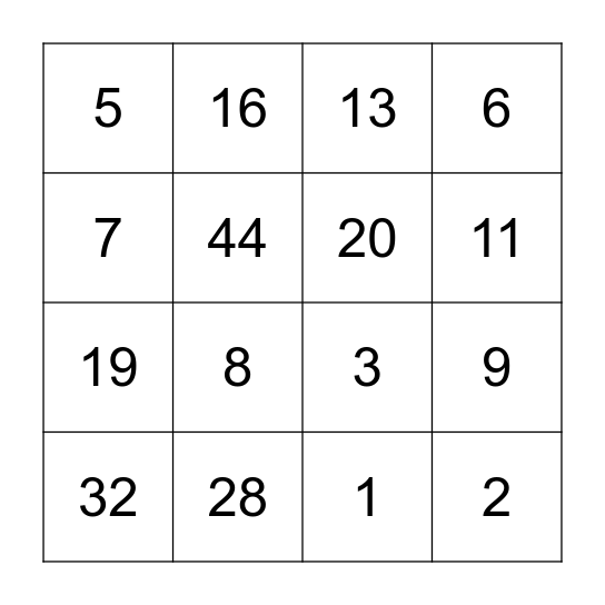 Numbers 2 Bingo Card