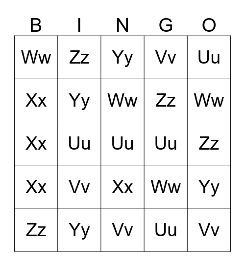 Alphabet U-Z Bingo Card