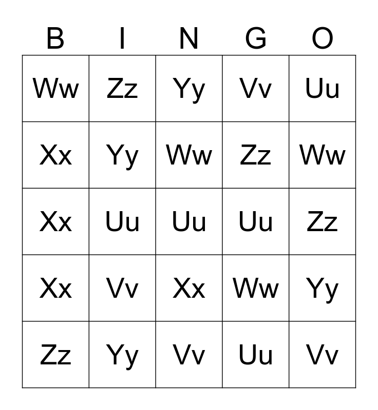Alphabet U-Z Bingo Card