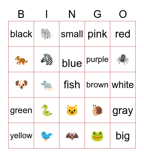 color and animal Bingo Card