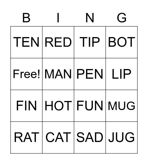 CVC Words Bingo Card