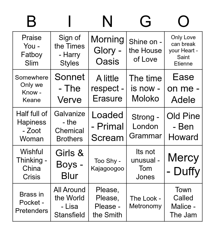 British Only Bingo Card