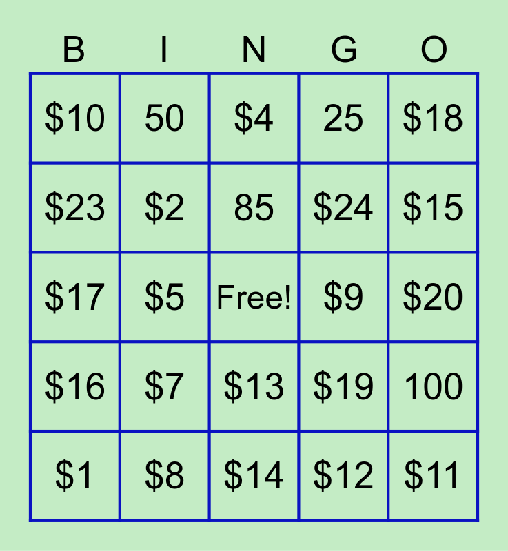 Dollar Up Bingo Card