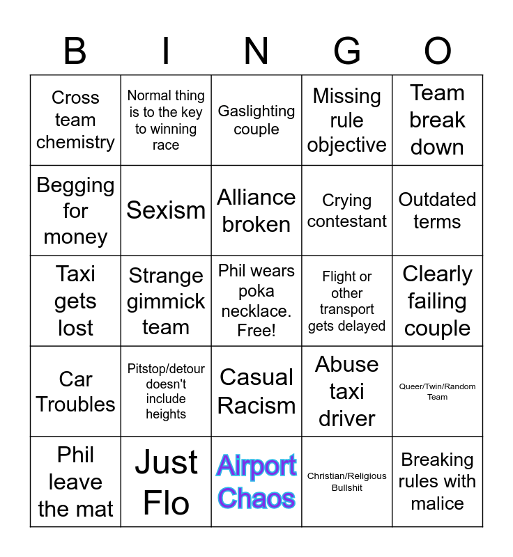 Amazing Race Bingo Card