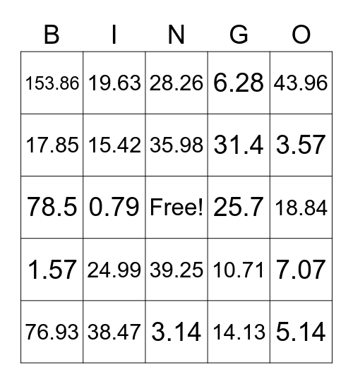 Circles: Area and Circumference Bingo Card