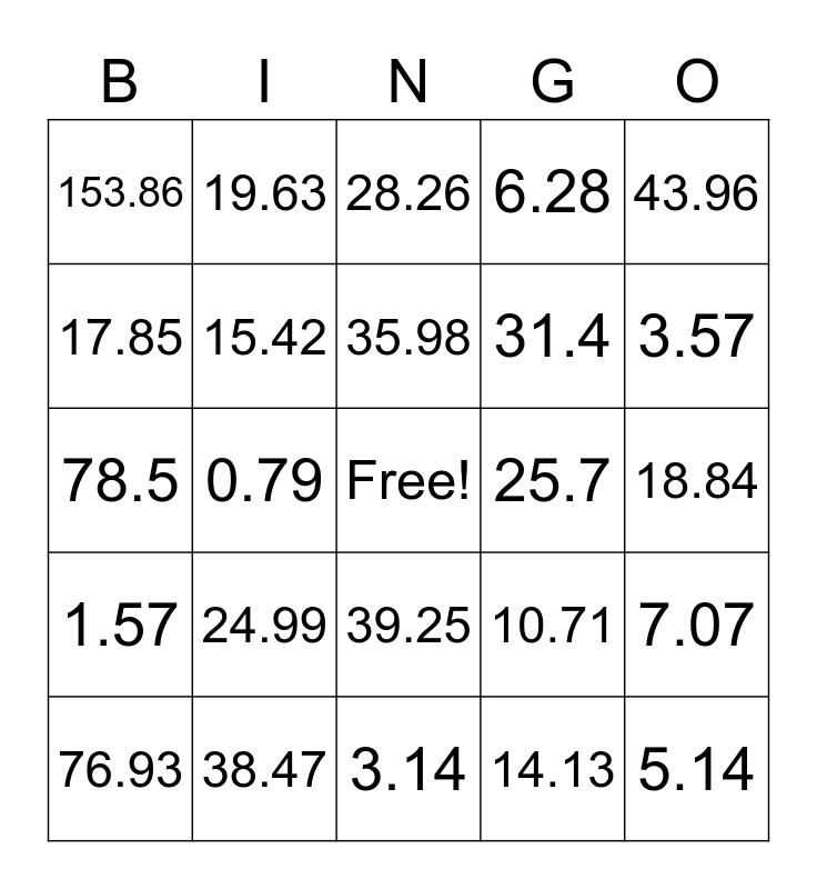 Circles: Area and Circumference Bingo Card