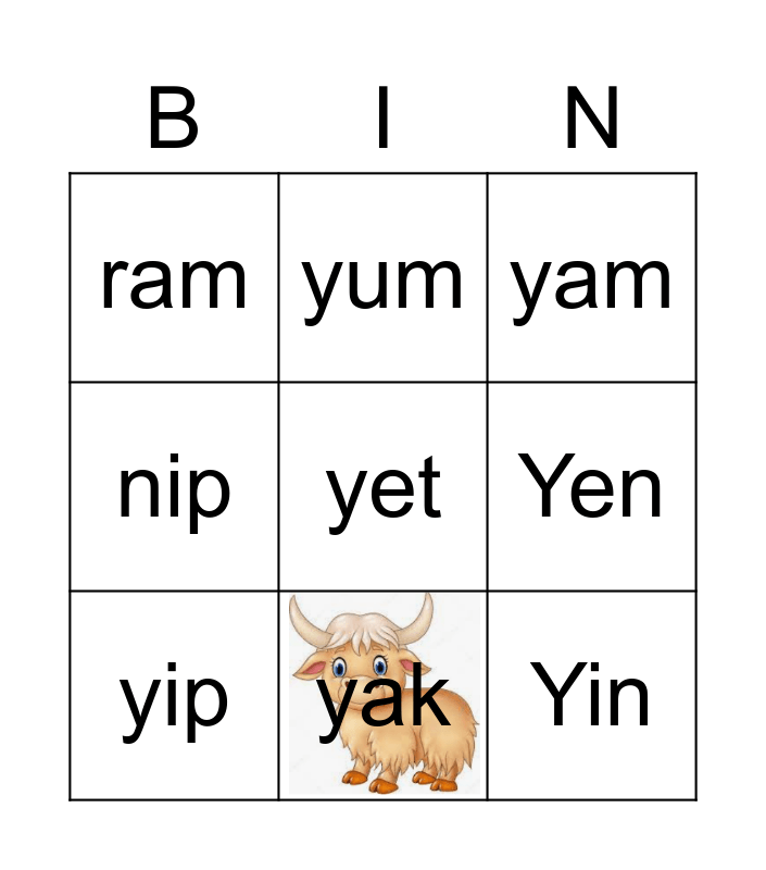 Y words 2 Yak Bingo Card