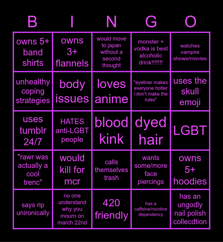 emo trash Bingo Card