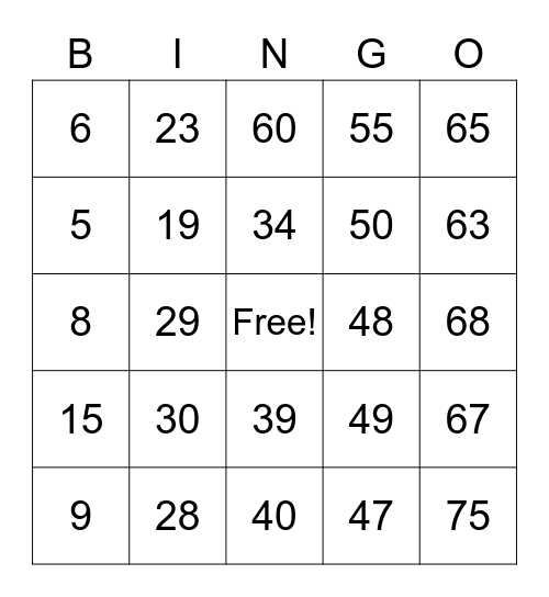 Number Bingo 1-75 Bingo Card