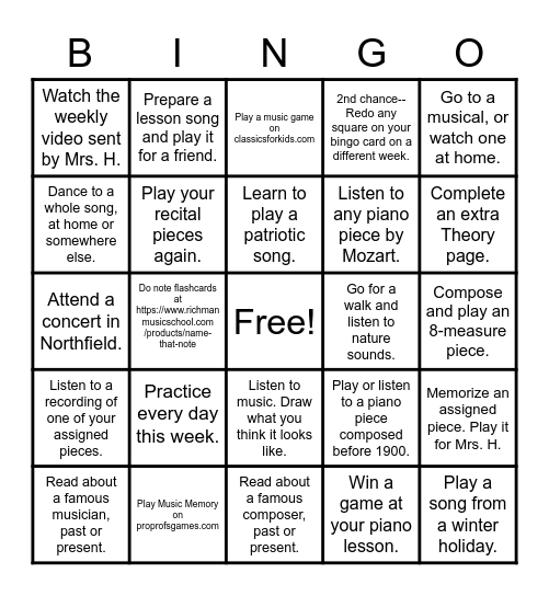 Piano Lesson Bingo, 2022 Bingo Card