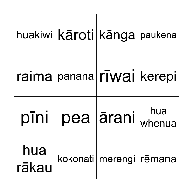 Hua rākau/ Hua whenua Bingo Card