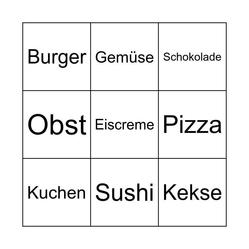 Bingo zum Thema: "Essen" Bingo Card