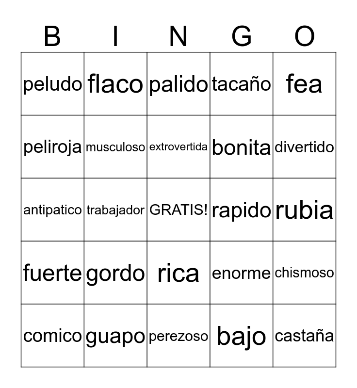 Caracteristicas Fisicas y Personalidad Bingo Card