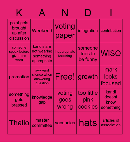 GM bingo, if you have bingo, yell "KANDI" Bingo Card