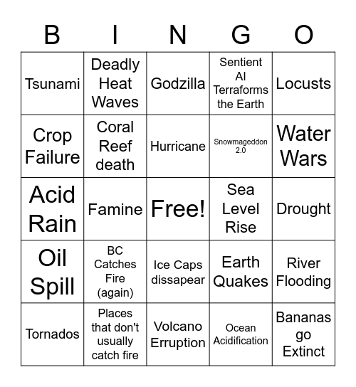 Natural Disaster BINGO Card