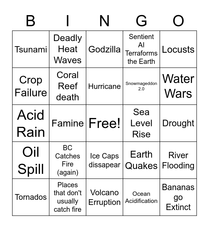 Natural Disaster BINGO Card
