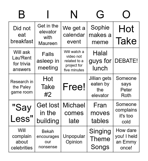 Paley Internship Bingo Card Paley Internship Bingo Card