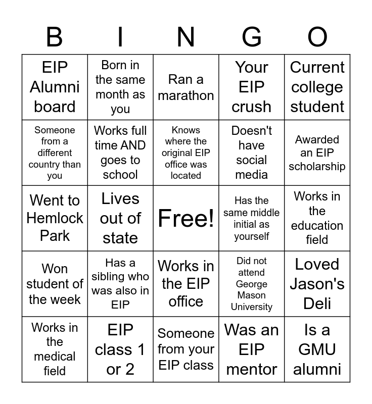 Early Identification Program Bingo Card
