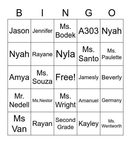 Second Grade Bingo Card