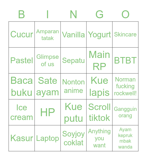 J's Bingo Card