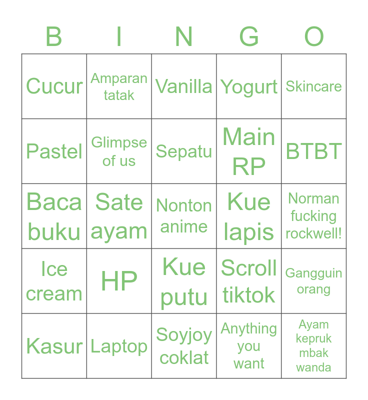 J's Bingo Card