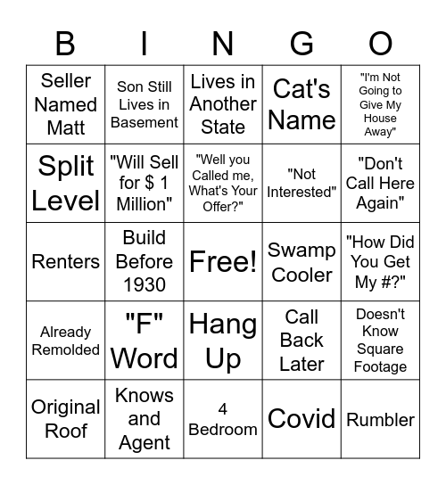 Cold Calling Bingo Card