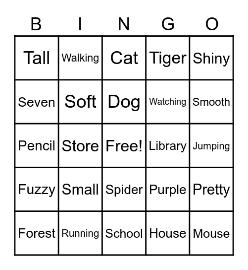 Adjectives, Noun, Verbs Bingo Card