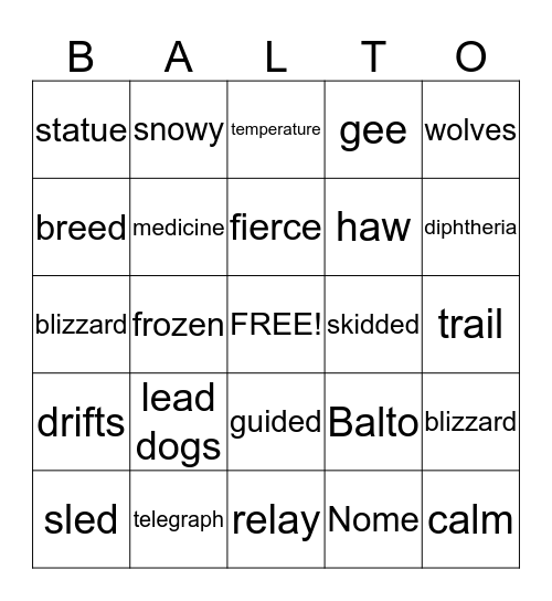 Balto Spelling List Bingo Card